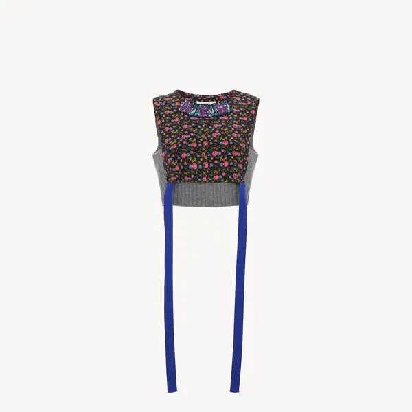 Chloé Embellished Floral Print & Ribbed Knit Vest With Tie Details - Multicolor Black
