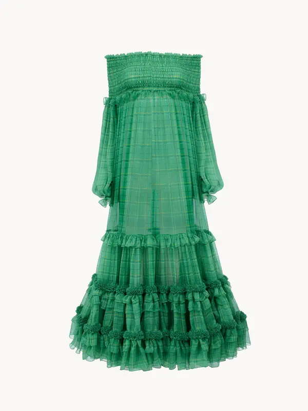 Chloé Off-the-shoulder Ruffled Tiered Dress - Multicolor Green