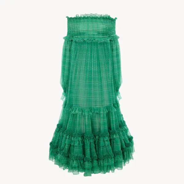 Chloé Off-the-shoulder Ruffled Tiered Dress - Multicolor Green