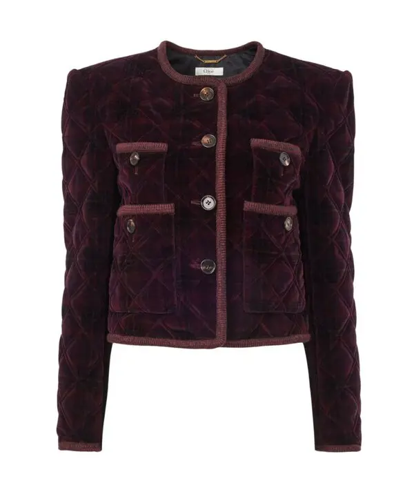 Chloé Boxy Collarless Jacket In Checked Quilted Cotton Velvet - Deep Purple
