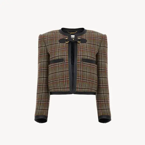 Chloé Plaid Cropped Jacket With Leather Trim - Multicolor Green