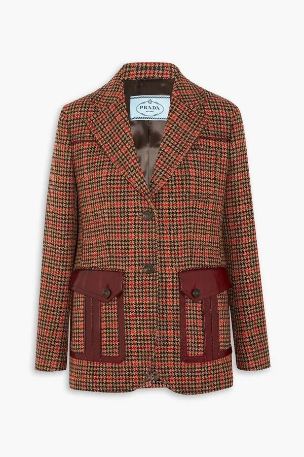 Prada Leathertrimmed Checked Woolblend Tweed Blazer - Orange