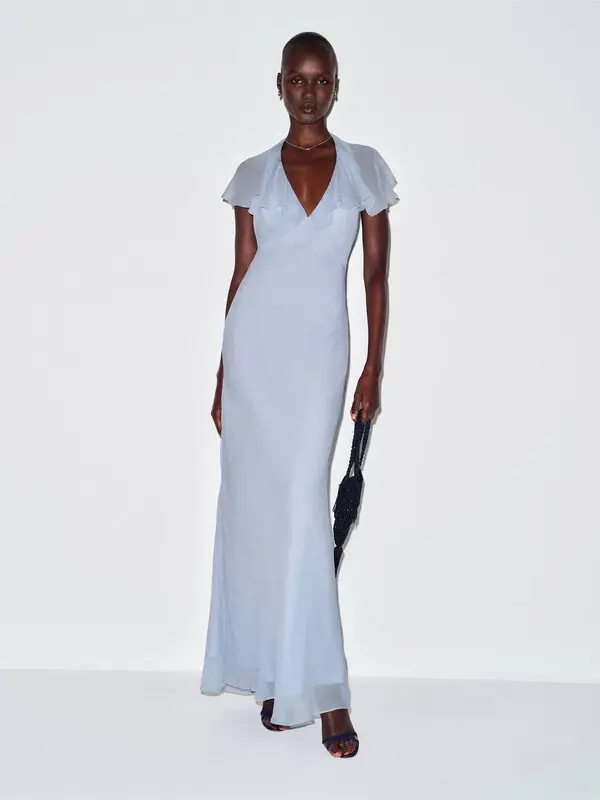 REFORMATION Kyley Maxi Dress With Halter Neckline And Ruffled Details - Blue