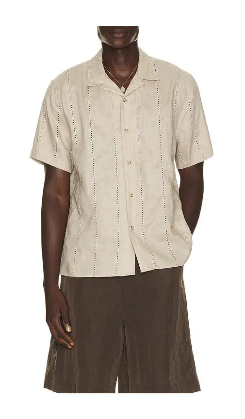 Vince Eyelet Stripe Linen Cabana Shirt In Brown