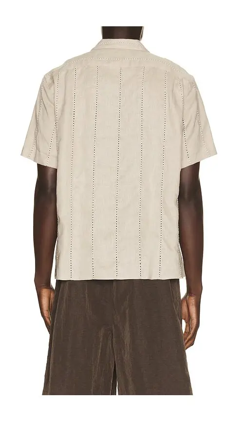 Vince Eyelet Stripe Linen Cabana Shirt In Brown