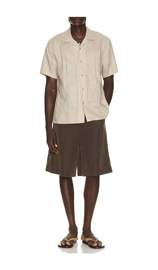 Vince Eyelet Stripe Linen Cabana Shirt In Brown