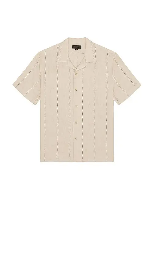 Vince Eyelet Stripe Linen Cabana Shirt In Brown