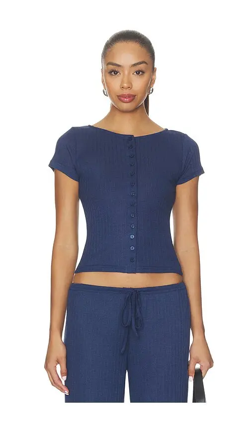ALL THE WAYS Ribbed Knit Button-up Short Sleeve Top