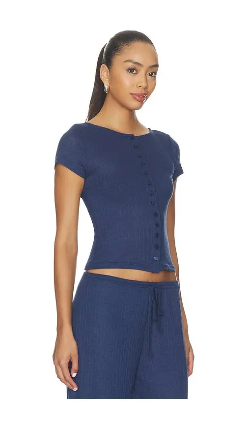 ALL THE WAYS Ribbed Knit Button-up Short Sleeve Top