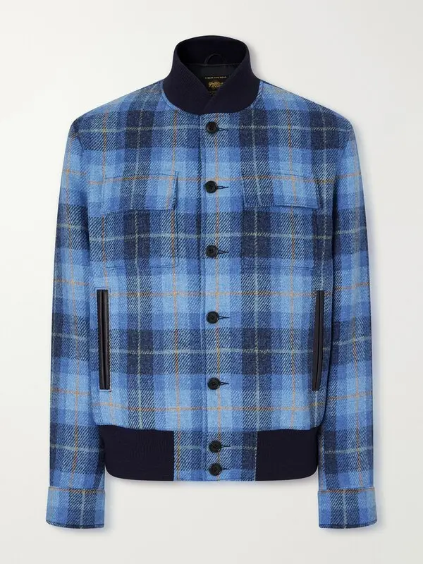Golden Bear Leather-trimmed Wool Harris Tweed Bomber Jacket