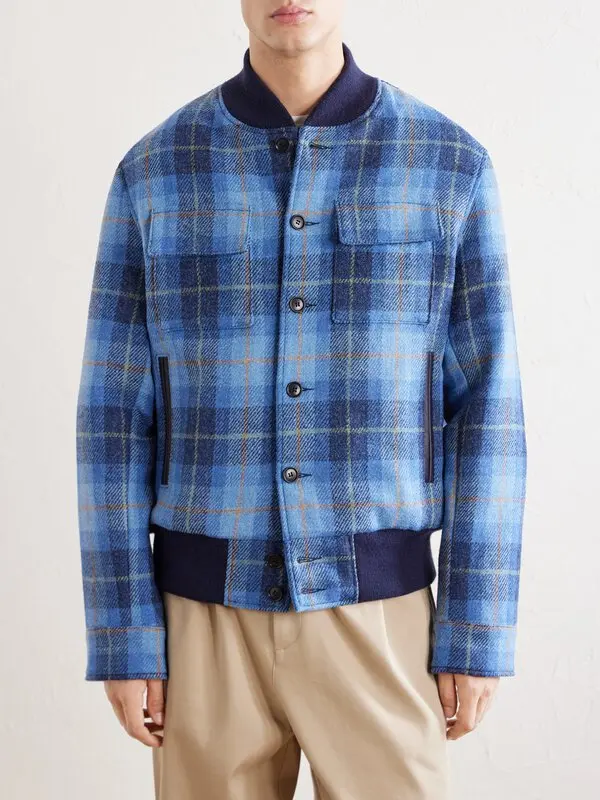 Golden Bear Leather-trimmed Wool Harris Tweed Bomber Jacket