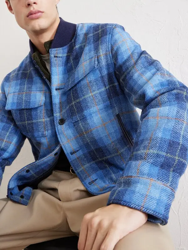 Golden Bear Leather-trimmed Wool Harris Tweed Bomber Jacket