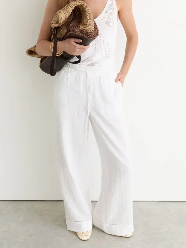 REISS Petite Cotton Cheesecloth Wide-leg Trousers - White