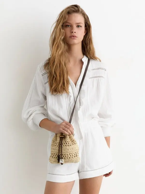 REISS Rue Cotton Cheesecloth Stitch-detail Shorts - White