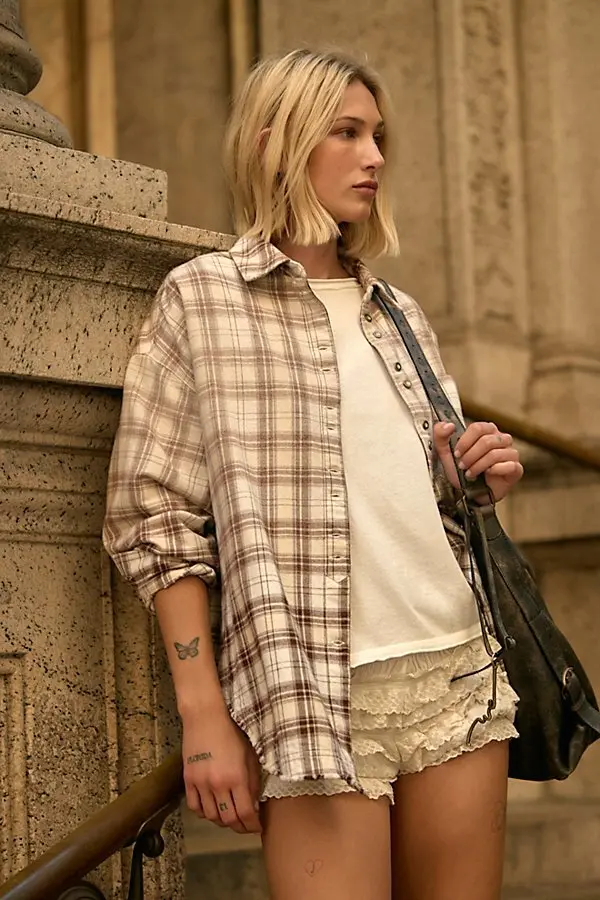 Free People We The Free Lexi Plaid Button Down Shirt - Ivory Combo