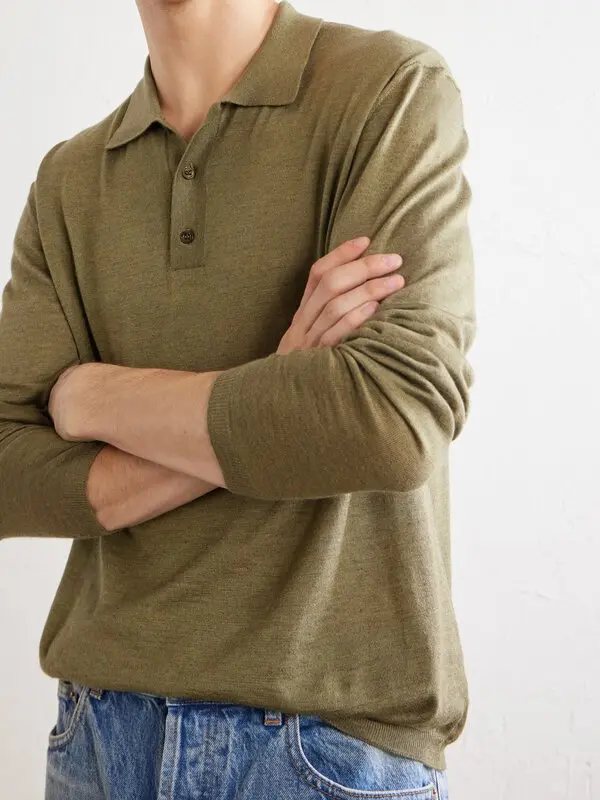 Saint Laurent Cashmere, Silk And Linen-blend Polo Shirt - Green