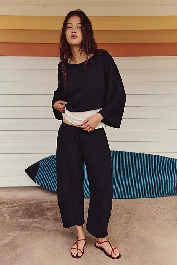 Free People Terry Cotton Wide Sleeve Cropped Top And Barrel Leg Pants Set - Black