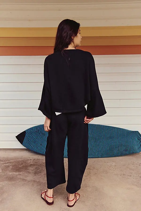 Free People Terry Cotton Wide Sleeve Cropped Top And Barrel Leg Pants Set - Black