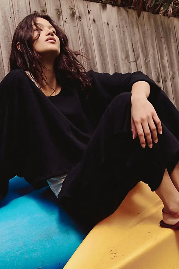 Free People Terry Cotton Wide Sleeve Cropped Top And Barrel Leg Pants Set - Black
