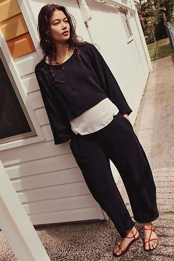 Free People Terry Cotton Wide Sleeve Cropped Top And Barrel Leg Pants Set - Black