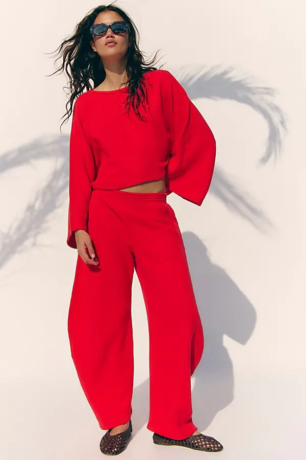 Free People Terry Cotton Wide Sleeve Cropped Top And Barrel Leg Pants Set - High Risk Red