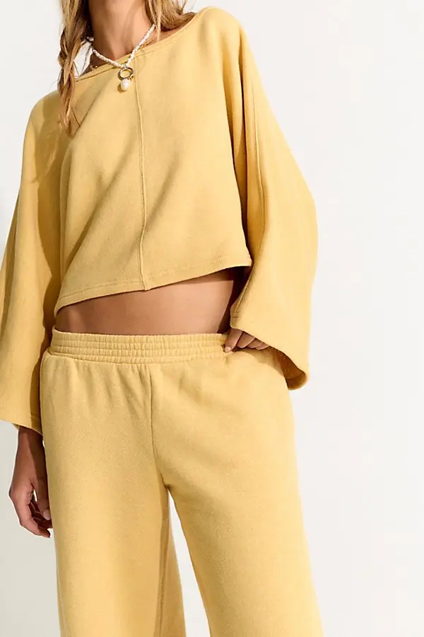 Free People Terry Cotton Wide Sleeve Cropped Top And Barrel Leg Pants Set - Solar Lemon