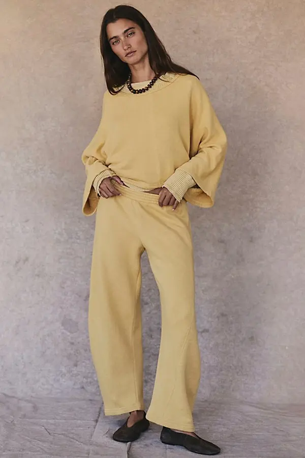 Free People Terry Cotton Wide Sleeve Cropped Top And Barrel Leg Pants Set - Solar Lemon