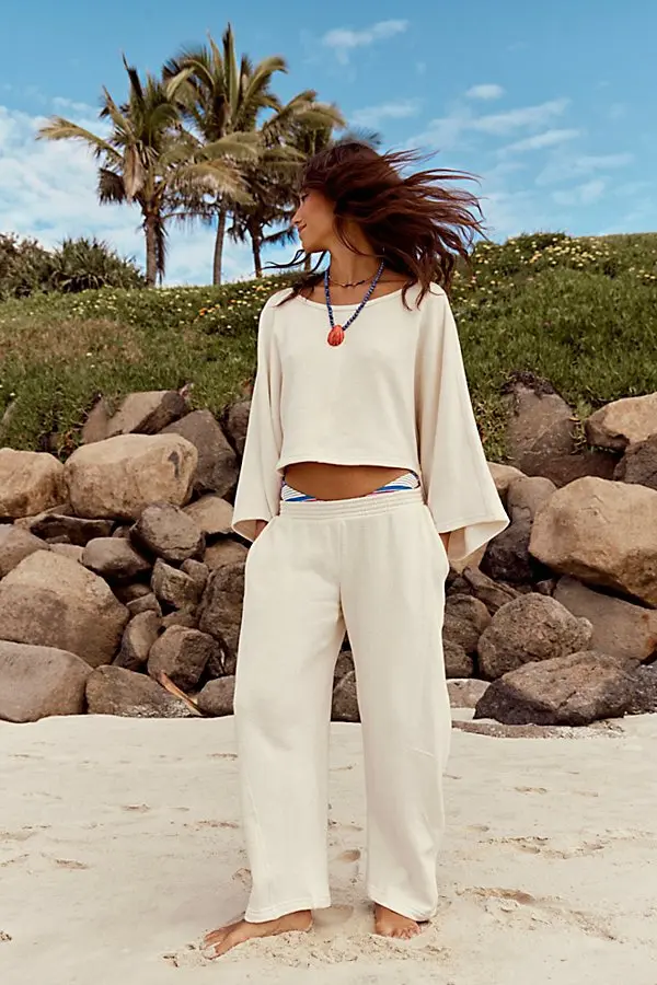 Free People Terry Cotton Wide Sleeve Cropped Top And Barrel Leg Pants Set - Tofu