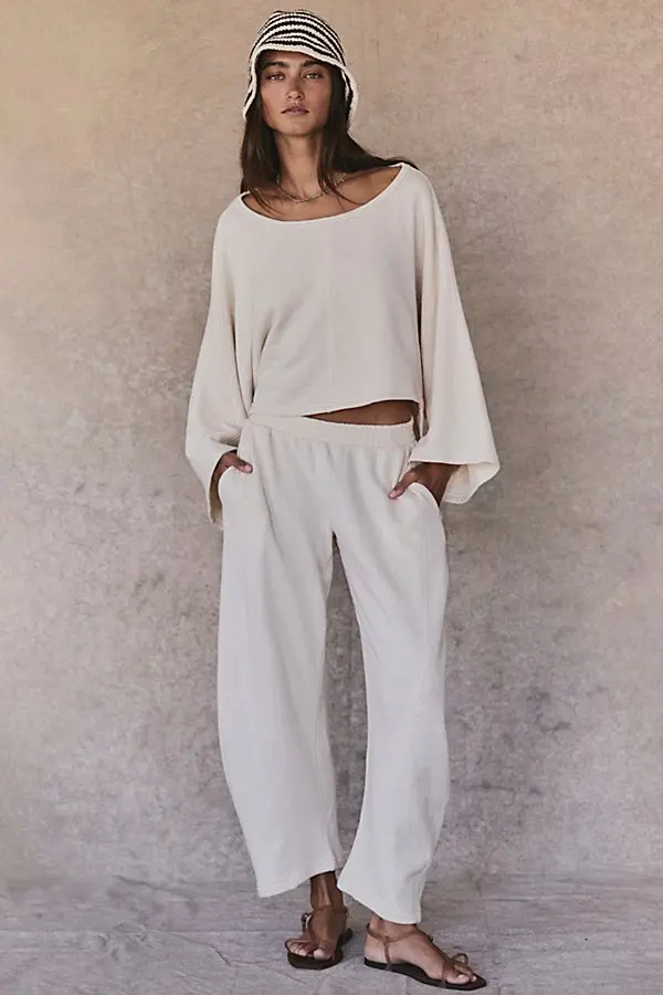 Free People Terry Cotton Wide Sleeve Cropped Top And Barrel Leg Pants Set - Tofu