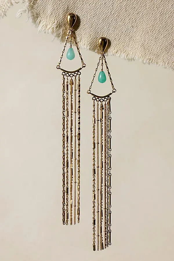 Free People Cassis Dangle Earrings With Stone Drops And Chain Fringe - Gold/amazonite