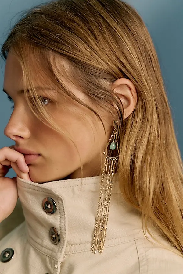 Free People Cassis Dangle Earrings With Stone Drops And Chain Fringe - Gold/amazonite