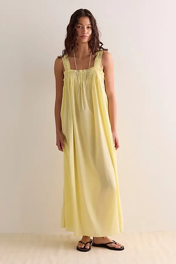 Free People Intimately Maxi Slip Dress With Pintuck And Embroidery Details - Lemon Grass