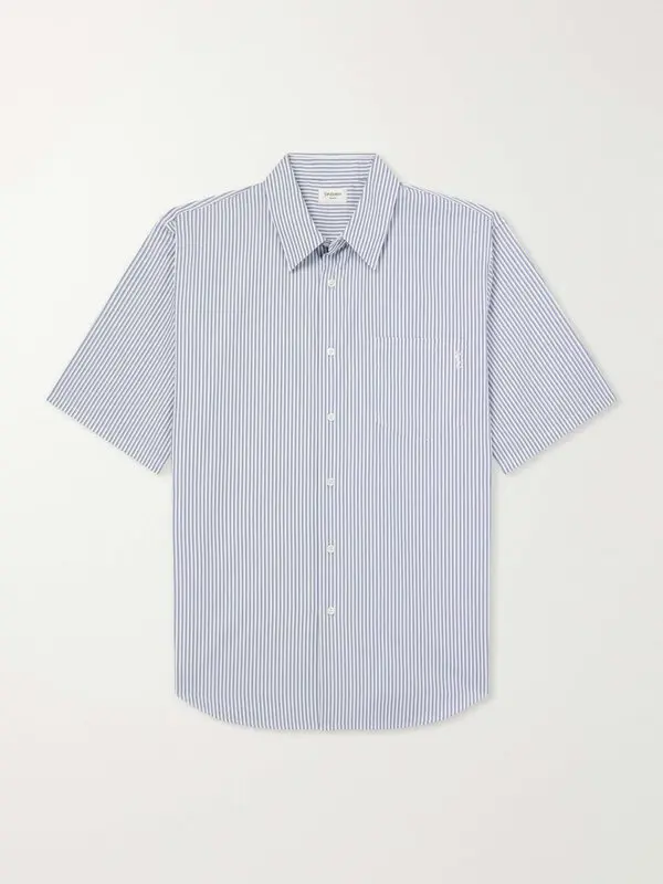 Saint Laurent Logo-embroidered Striped Cotton-poplin Shirt - Blue