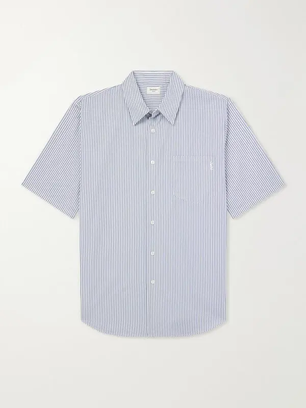 Saint Laurent Logo-embroidered Striped Cotton-poplin Shirt - Blue