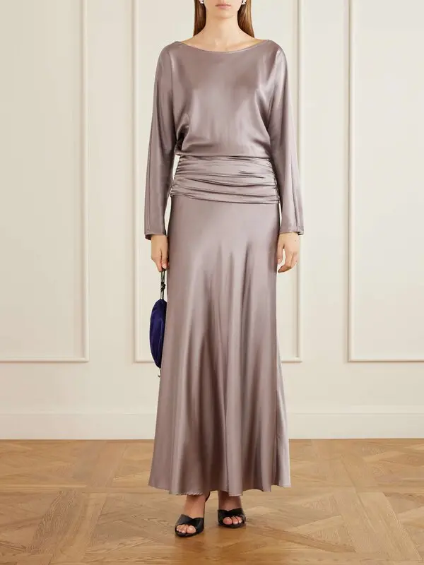 Staud Freda Gathered Silk-blend Satin Maxi Dress