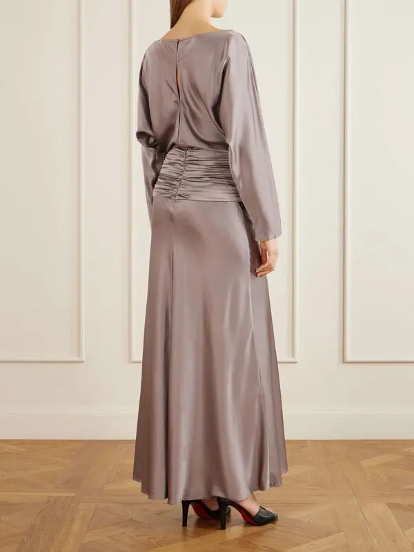 Staud Freda Gathered Silk-blend Satin Maxi Dress