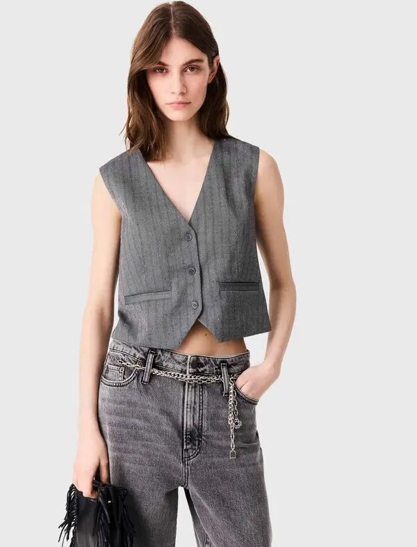 Maje Tailored Vest With Rhinestone Pinstripes