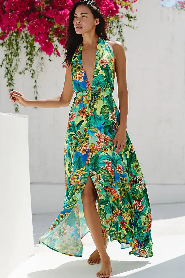 Luli Fama Convertible Maxi Dress - Green Pattern