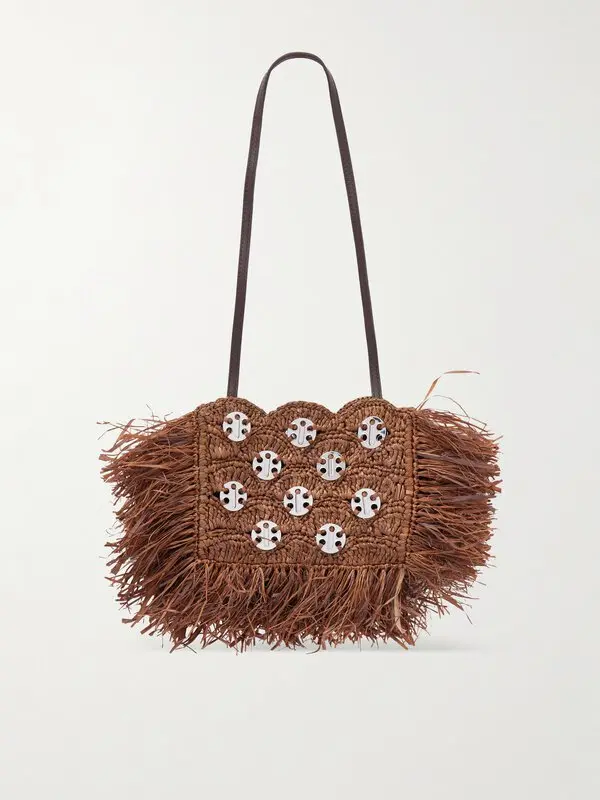 Rabanne Embellished Raffia Shoulder Bag - Brown
