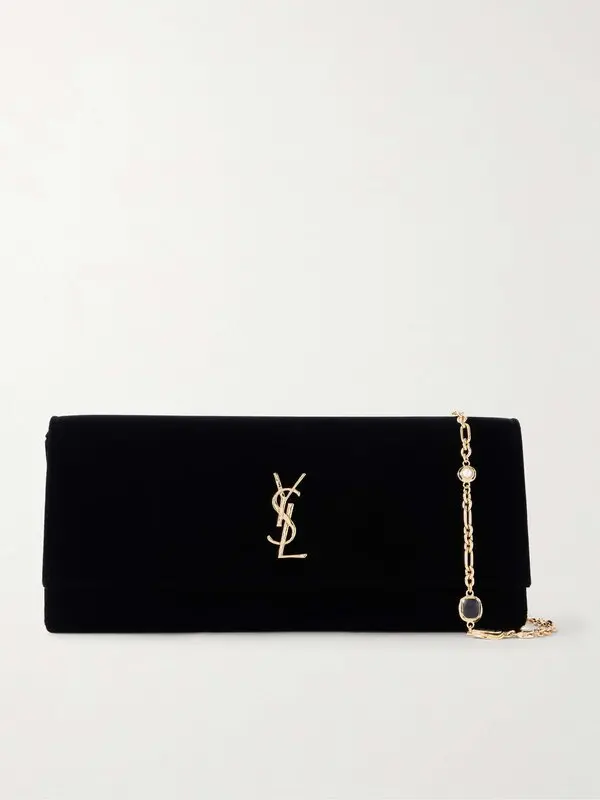 Saint Laurent Kate Velour Logo Chain Clutch
