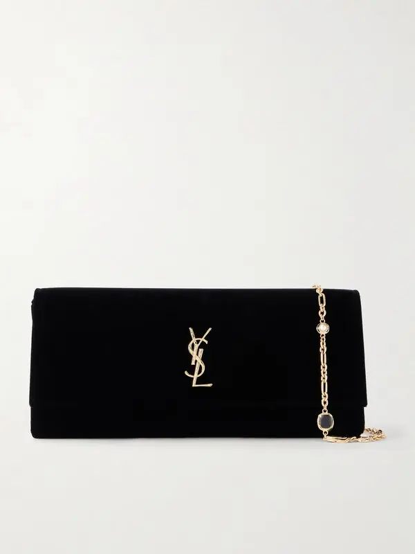 Saint Laurent Kate Velour Logo Chain Clutch - Black