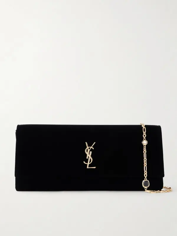 Saint Laurent Kate Velour Logo Chain Clutch - Black