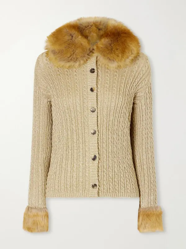 Saint Laurent Cable-knit Shearling-trimmed Lurex Cardigan