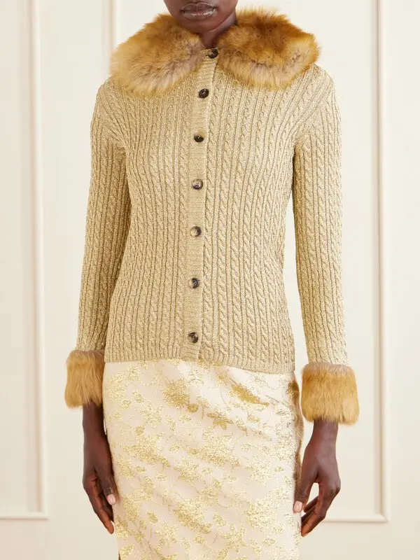 Saint Laurent Cable-knit Shearling-trimmed Lurex Cardigan