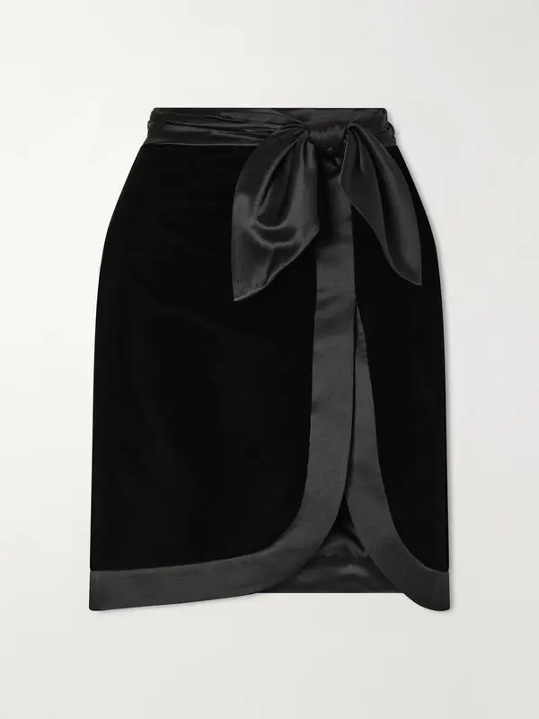Saint Laurent Velvet Midi Skirt With Satin Trim - Black