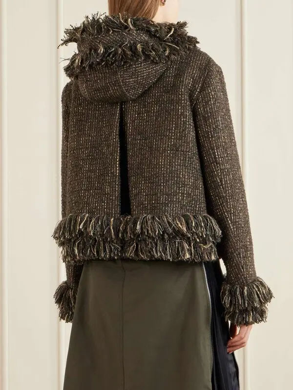 Sacai Wool-blend Frayed Tweed Zip-up Jacket