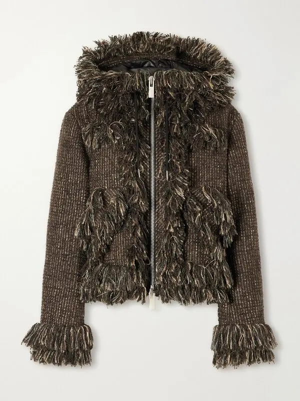 Sacai Wool-blend Tweed Zip-up Jacket With Frayed Trim And Drawstring Hood - Brown