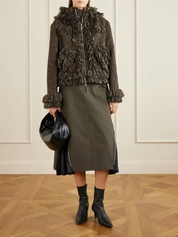 Sacai Wool-blend Tweed Zip-up Jacket With Frayed Edges
