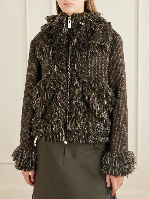 Sacai Wool-blend Tweed Zip-up Jacket With Frayed Edges