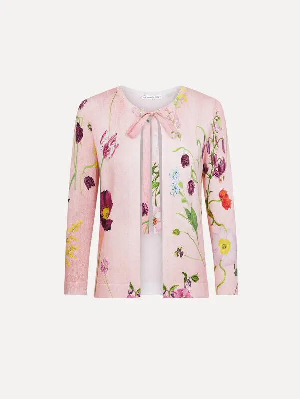 Oscar De La Renta Mixed Botanical Tie-neck Cardigan